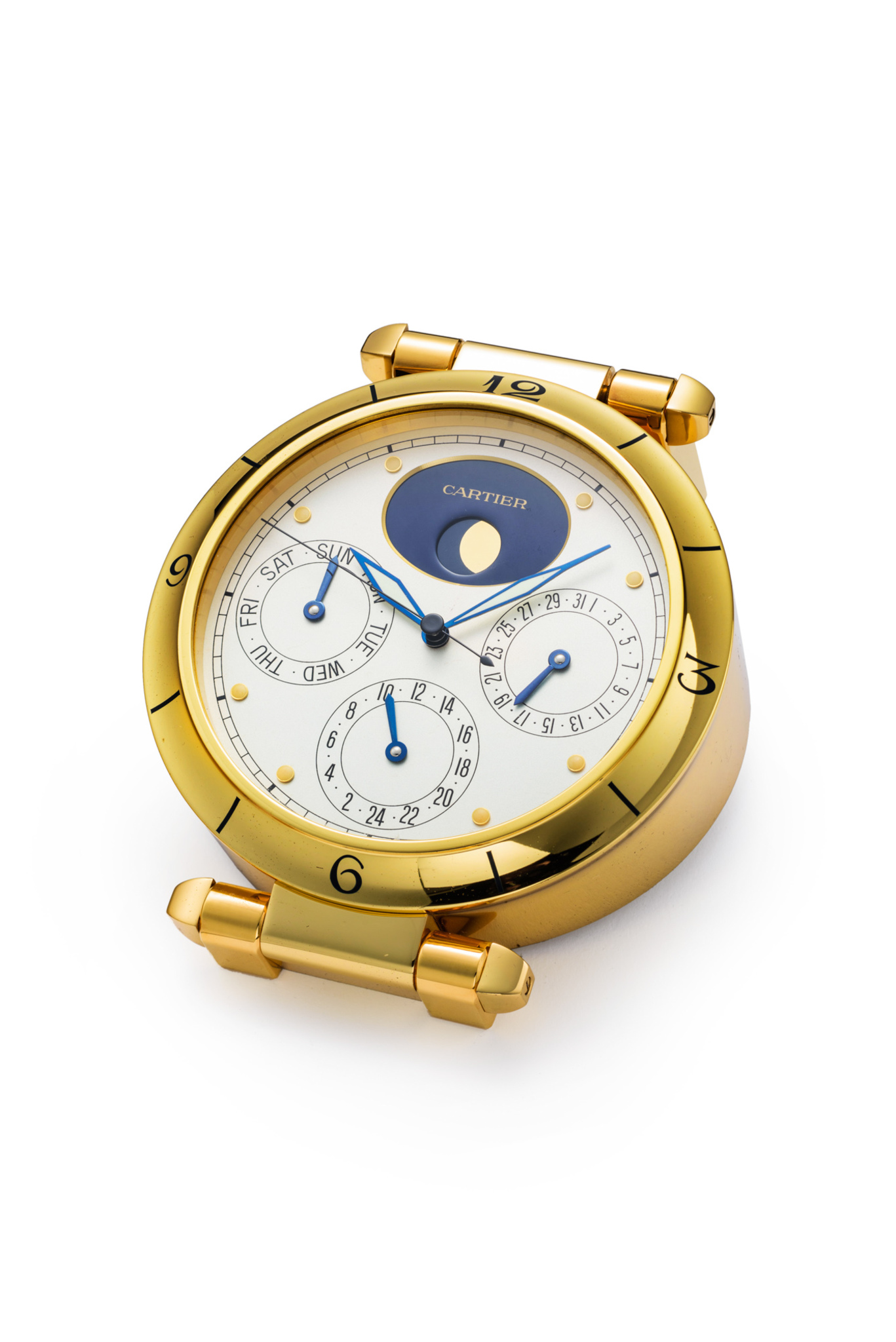 Quartz desk clock, “Pasha”, with day, date, moon phases and 24-hour (AM ...