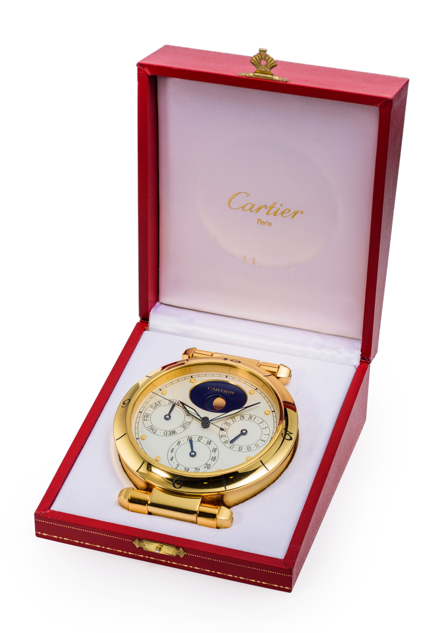 Quartz desk clock, “Pasha”, with day, date, moon phases and 24-hour (AM ...