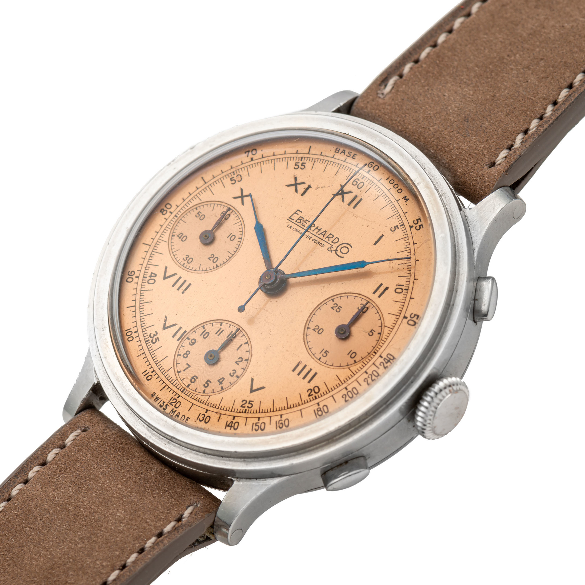 EBERHARD & CO., OVERSIZE, STEP DOWN BEZEL, SALMON DIAL, STEEL ...