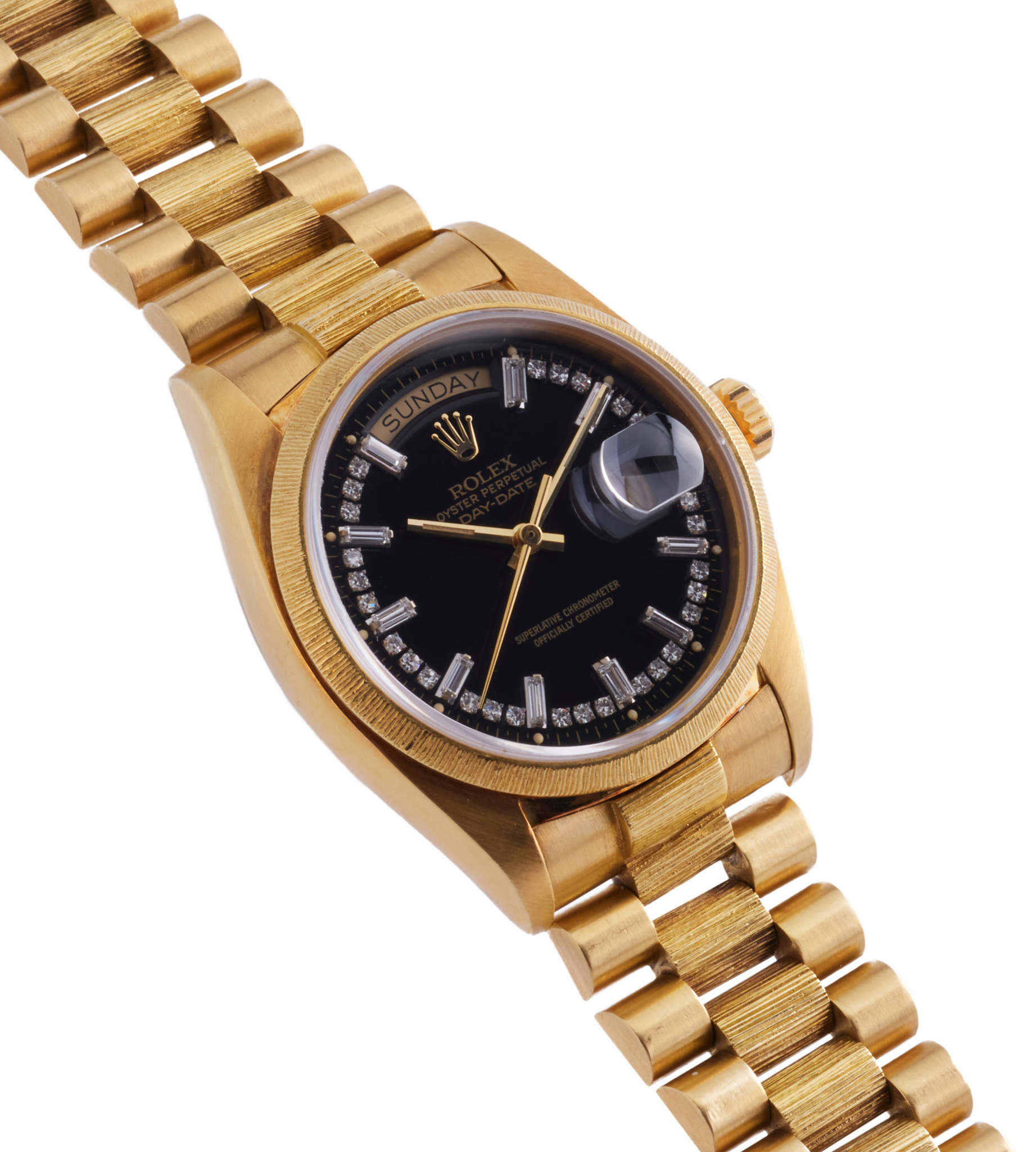 ROLEX REF. 18078, DAY-DATE, 18K YELLOW GOLD AND BARK FINISH DIAMONDS ...