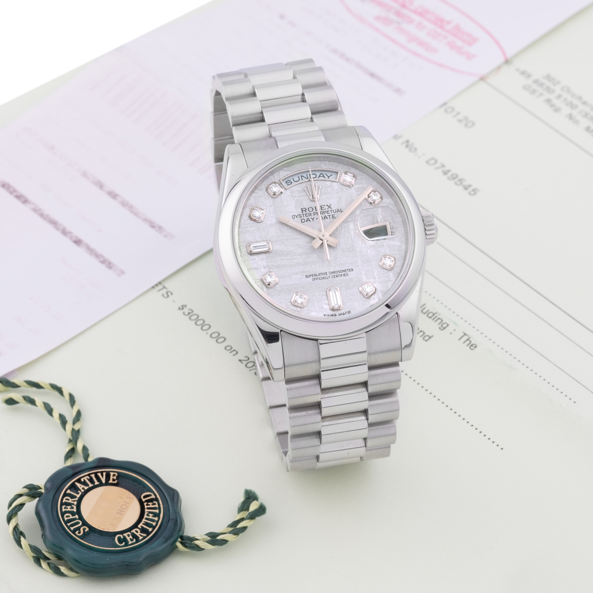 ROLEX, REF. 18206, DAY-DATE, METEORITE DIAL, DIAMOND INDEXES, PLATINUM ...