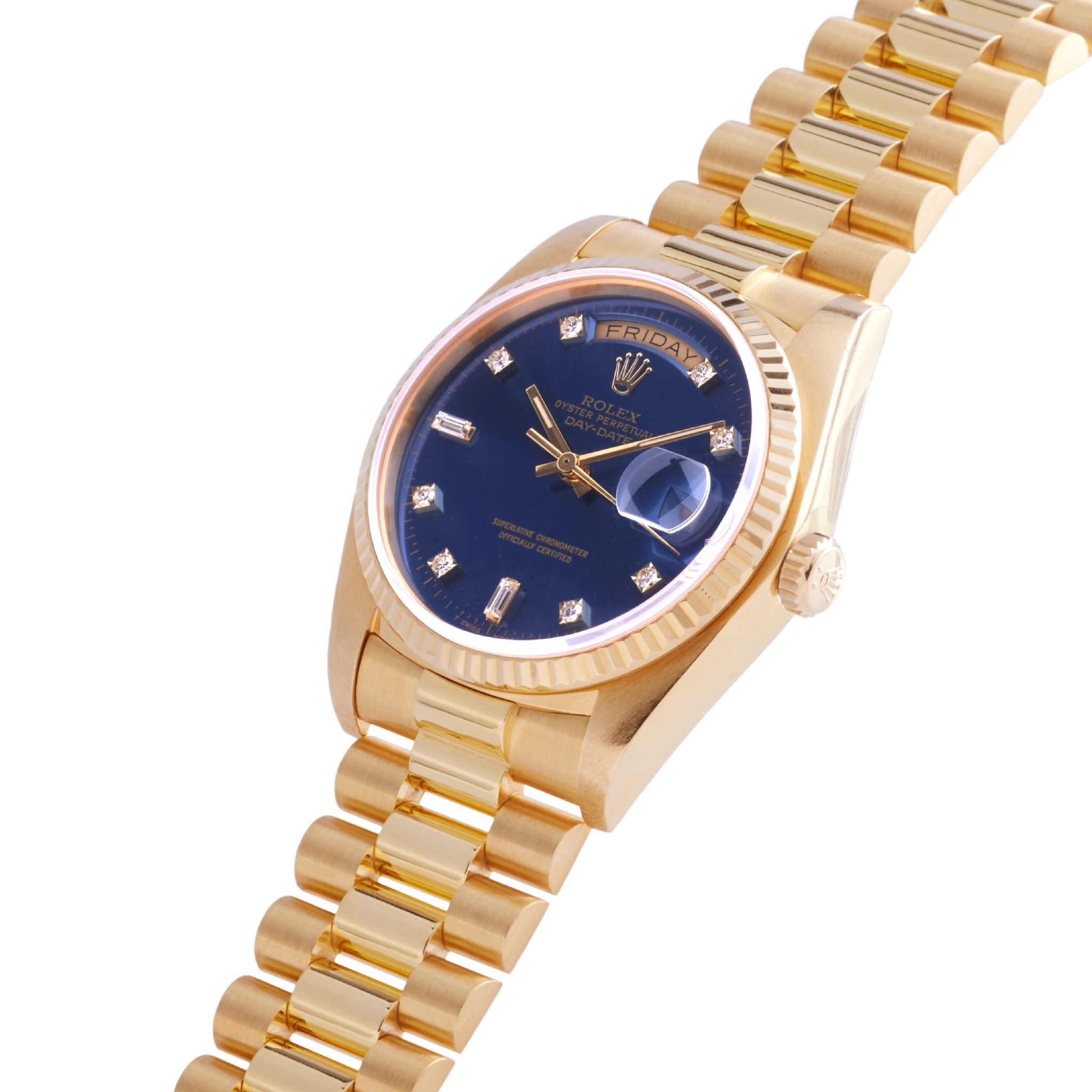 ROLEX REF. 18038, DAY-DATE, BLUE DIAL, DIAMOND INDEXES,18K YELLOW GOLD ...