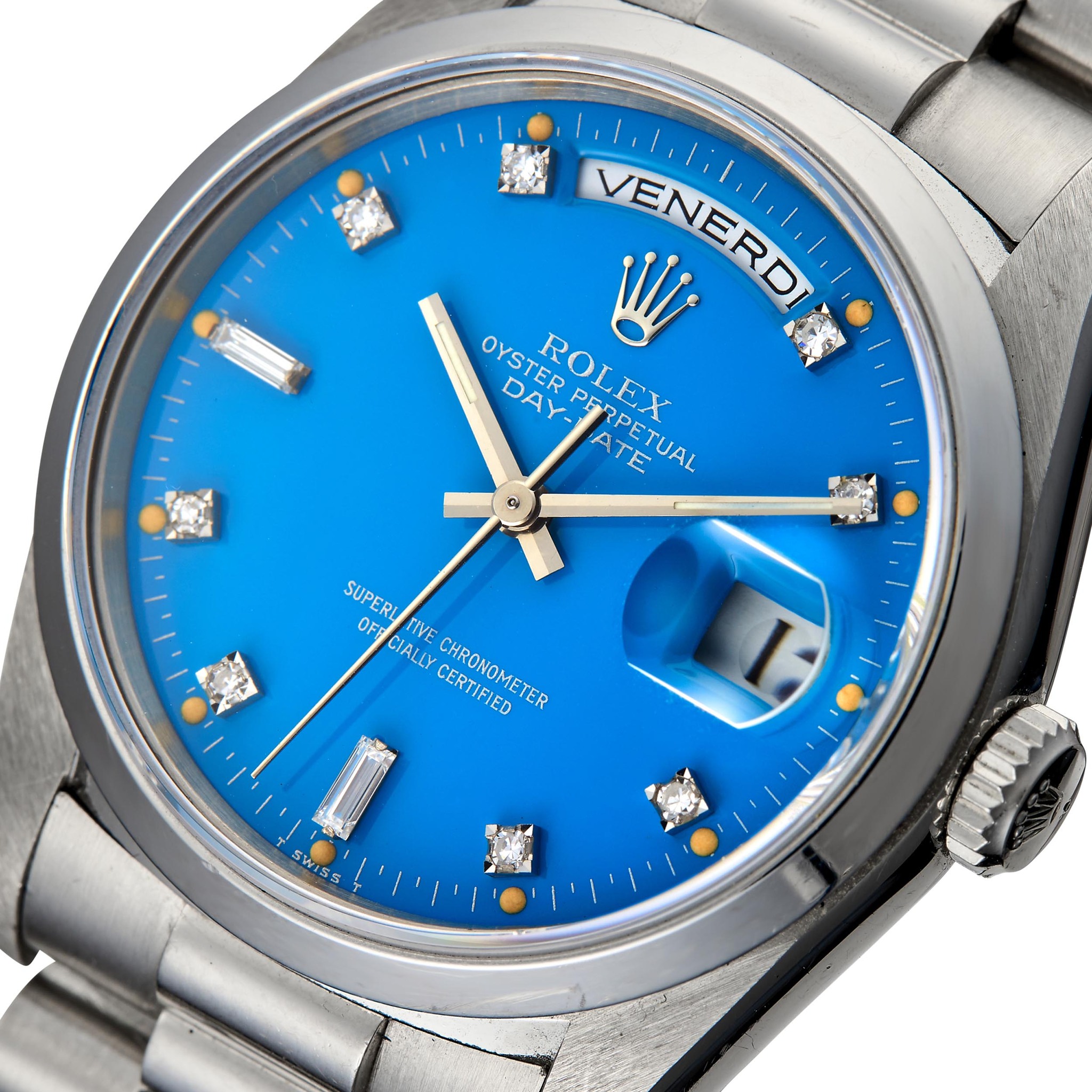 ROLEX, REF. 18206, DAY-DATE BLUE STELLA DIAL AND DIAMONDS-SET, PLATINUM ...