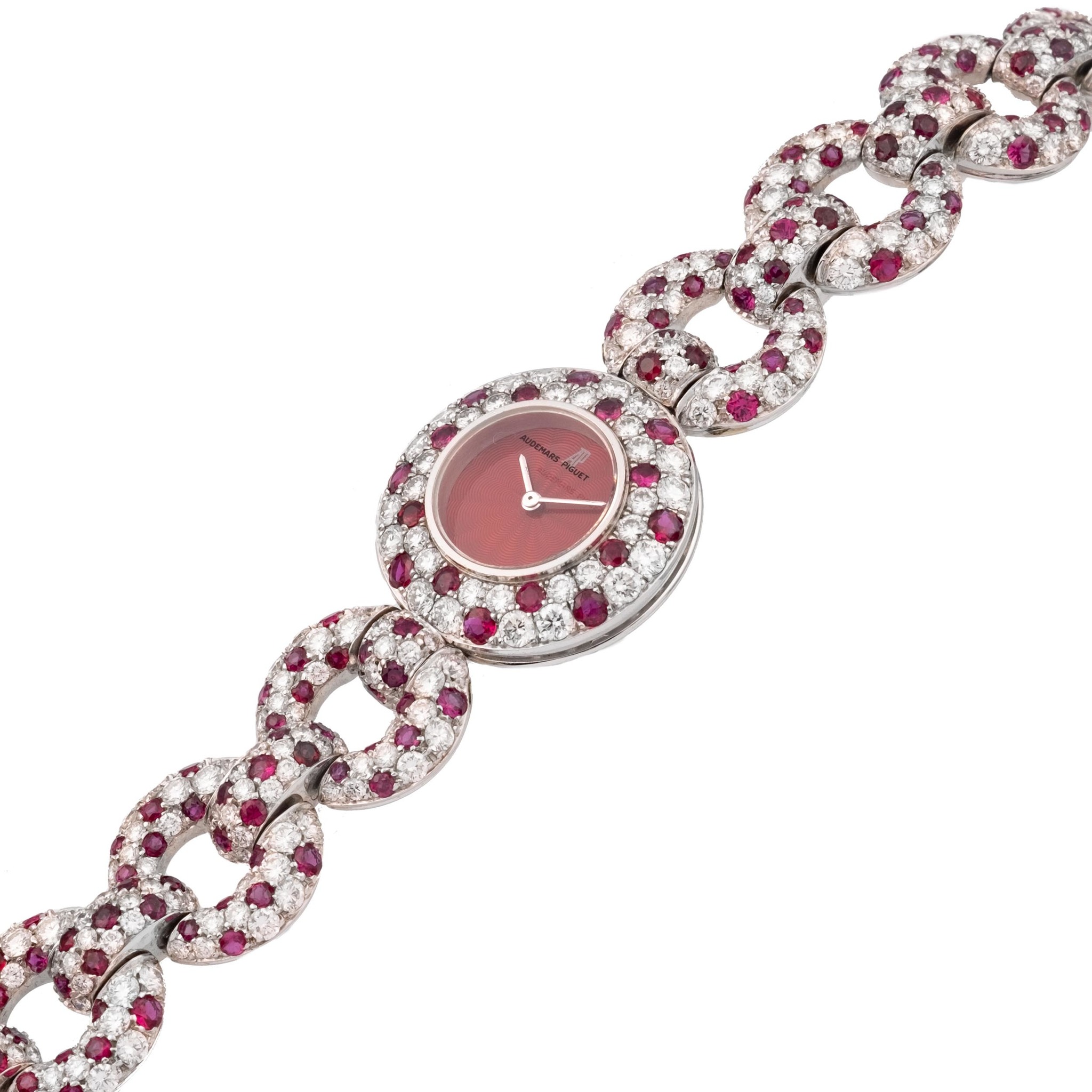 AUDEMARS PIGUET, SWITZERLAND, RED GUILLOCHE ENAMEL DIAL, DIAMOND AND ...